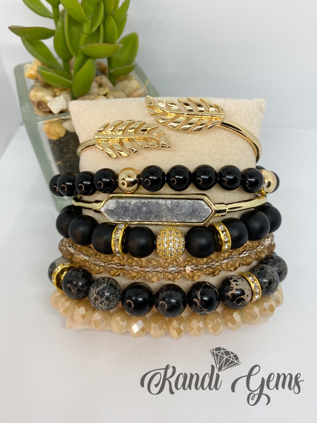 Stacked Bracelet Set, Leaf Cuff, Raw Crystal Quartz Druzy Cuff, 7 Piece ...