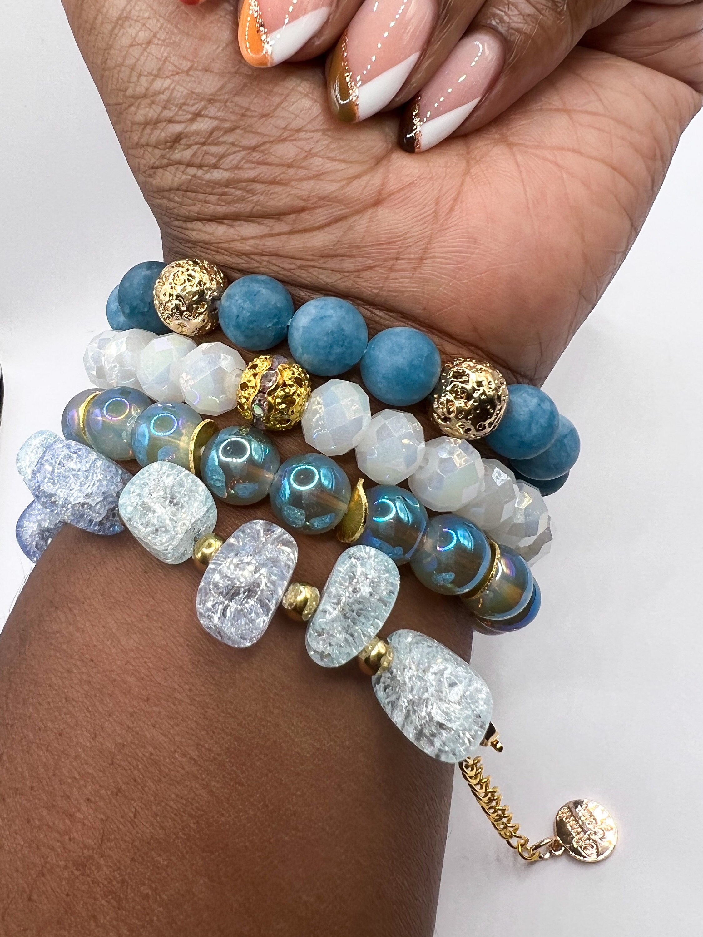 Matte Blue and Gold Beaded Bracelet Stack Set, Semiprecious Gemstone ...
