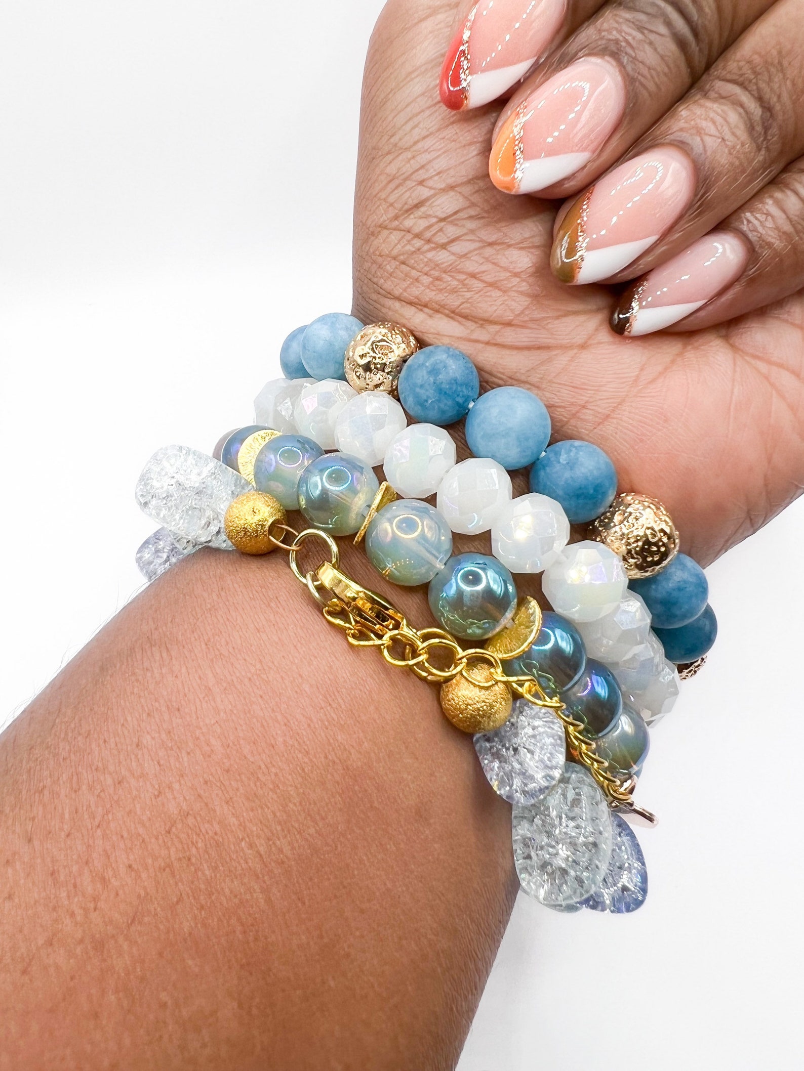 Matte Blue and Gold Beaded Bracelet Stack Set, Semiprecious Gemstone ...