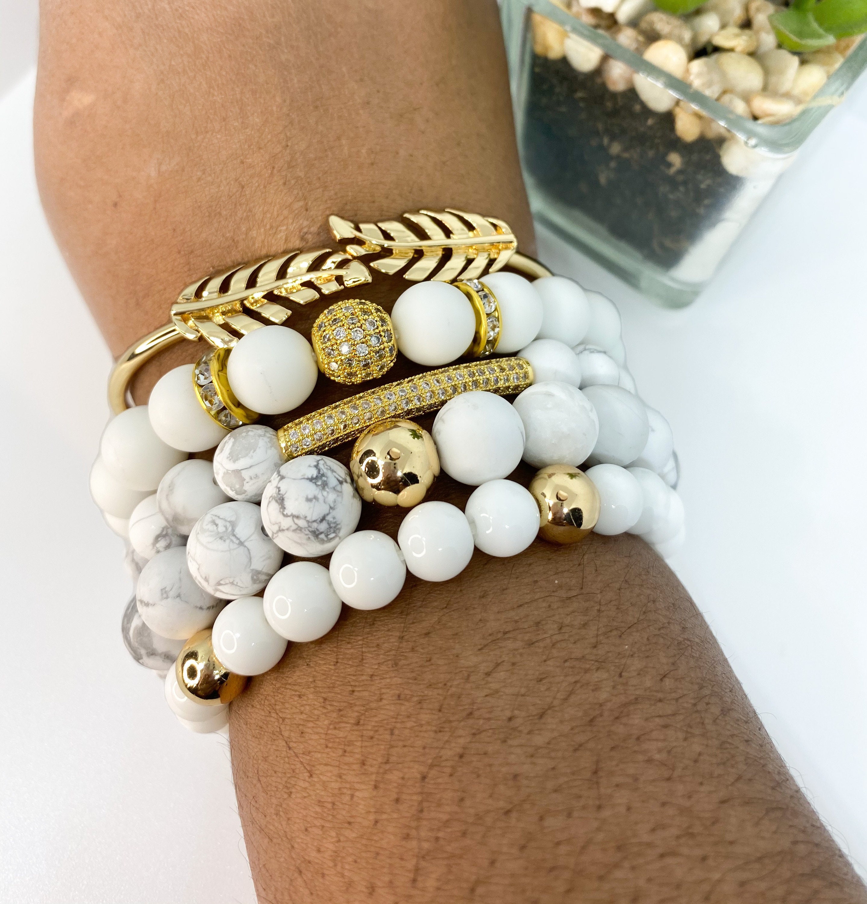 Beaded Stacked Bracelet Set Natural White Howlite Stone Boho | Etsy