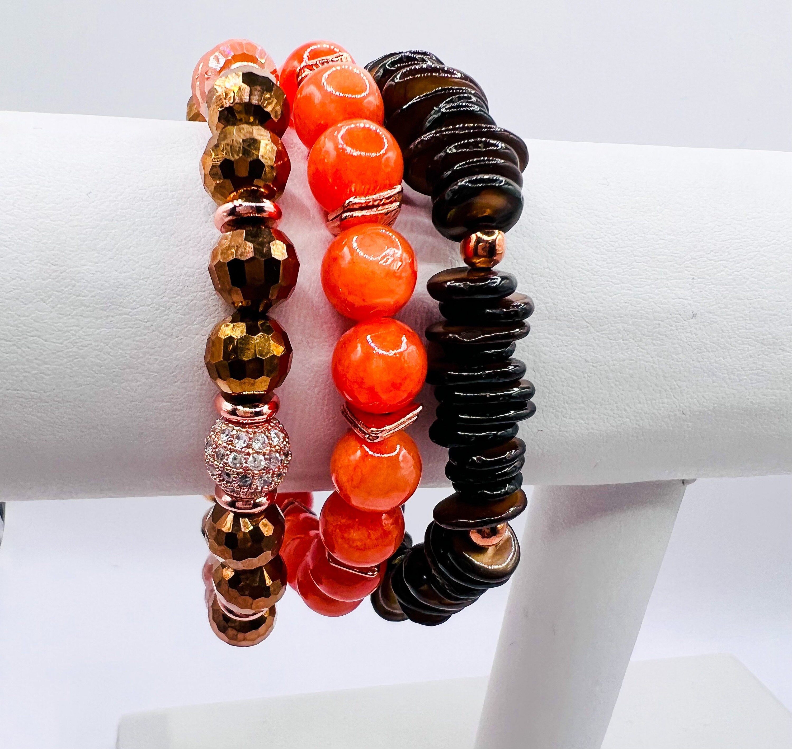 Orange and Brown Beaded Bracelet Stack Set, Natural Semiprecious ...
