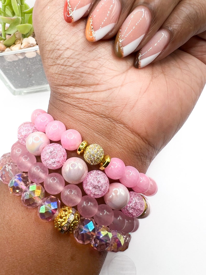 Pink Beaded Bracelet Stack Set Semiprecious Gemstone Stretch - Etsy