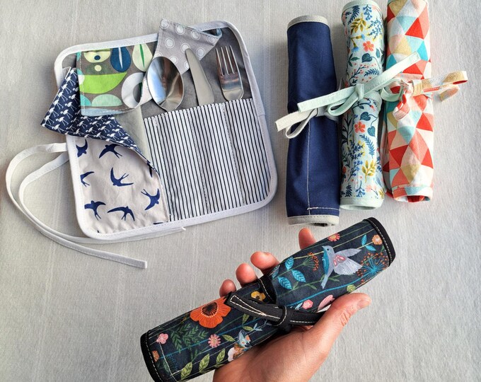 5-slot Utensil Wrap With Napkin, Cotton Utensil Carrier, Silverware ...