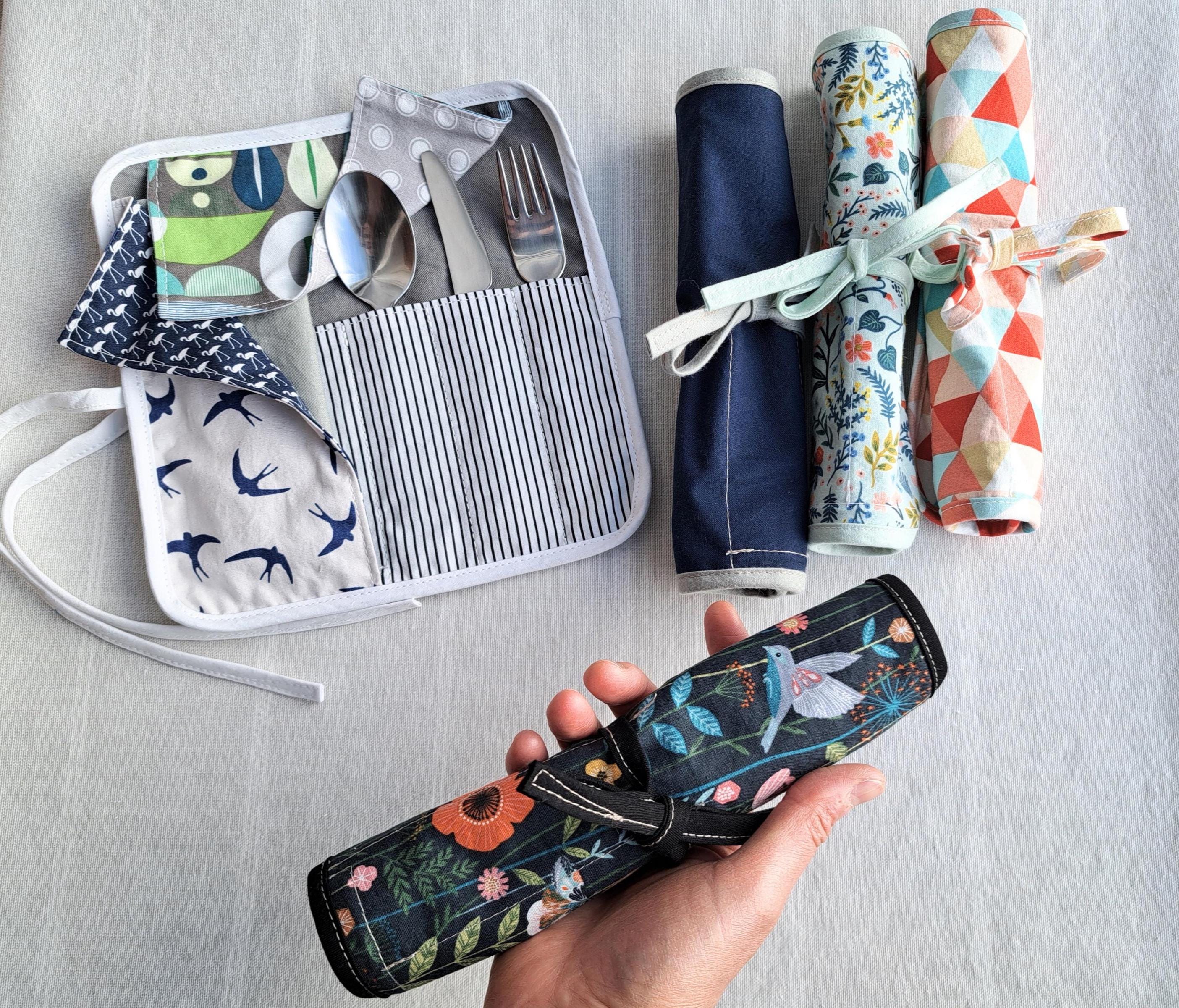 5-slot Utensil Wrap With Napkin, Cotton Utensil Carrier, Silverware ...