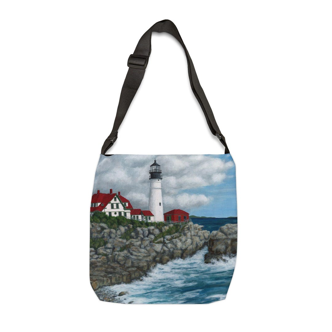 Coastal Lighthouse Painting Tote Bag | Scenic Ocean Cliff Illustration ...