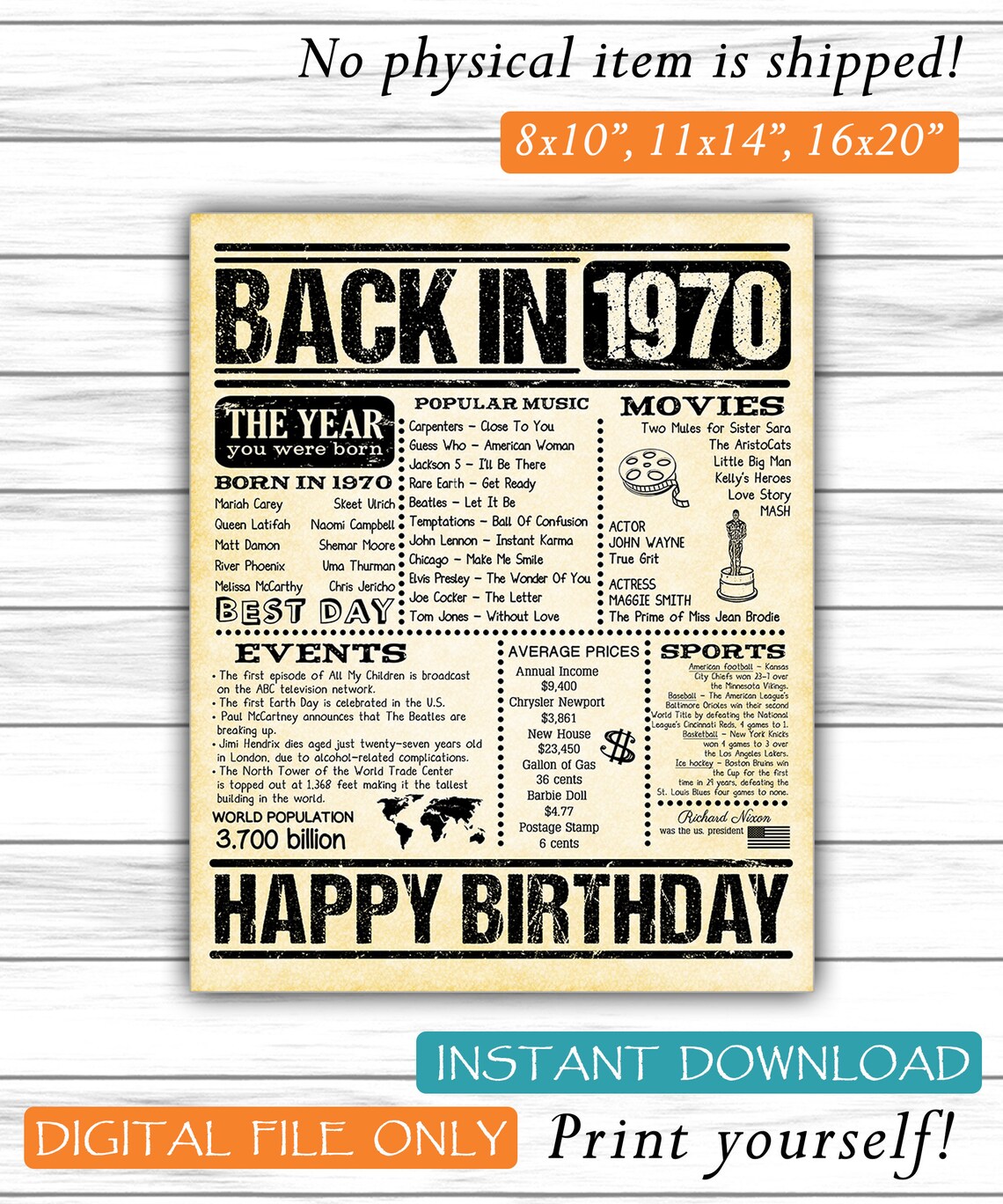 1970 Birthday Newspaper USA Birthday Party Poster Printable | Etsy