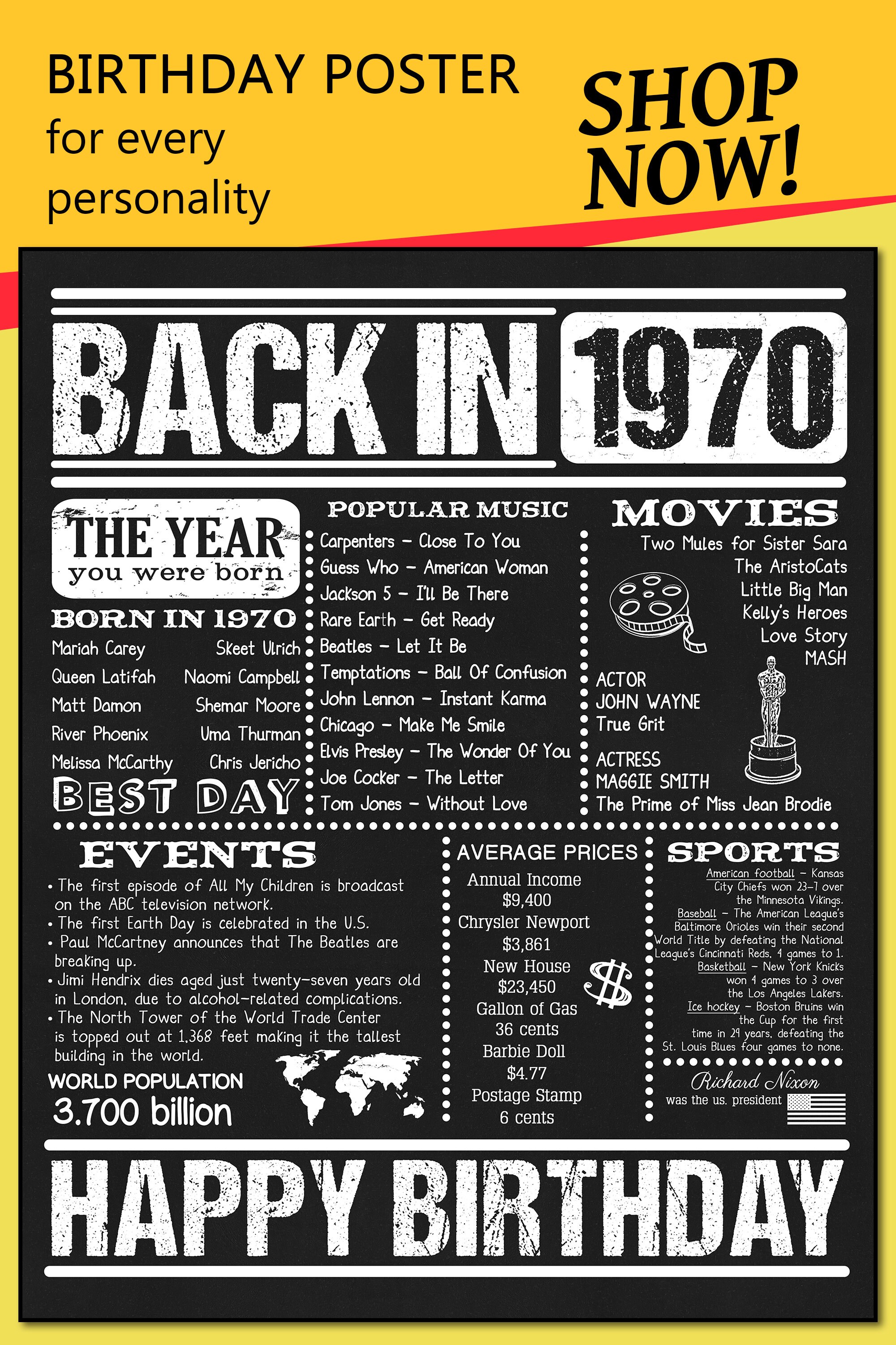 1970 Birthday, Birthday Party Decor, Chalkboard Poster, 1970 Birthday ...