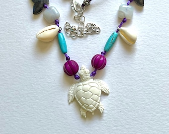 Shell and Carved Bone Turtle Necklace. - Etsy