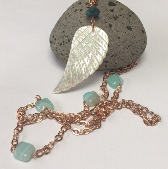 Aqua Agate and Angel Wing Pendant | Etsy