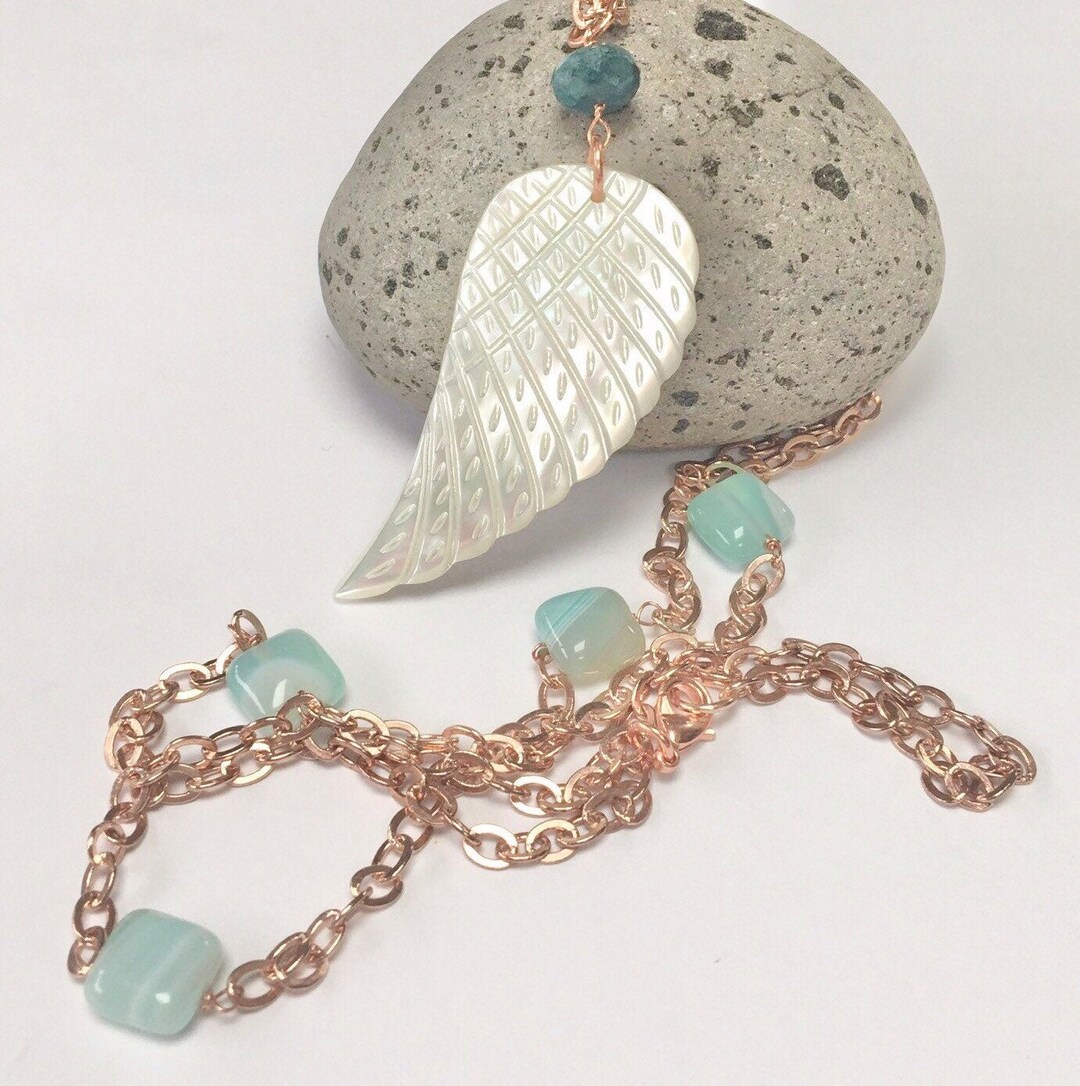 Aqua Agate and Angel Wing Pendant - Etsy