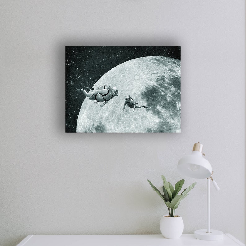 Moon & Scuba Divers • Canvas Artwork • Vintage Art Collage • Ready to ...