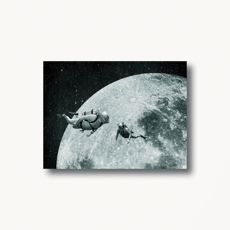 Moon & Scuba Divers • Canvas Artwork • Vintage Art Collage • Ready to ...
