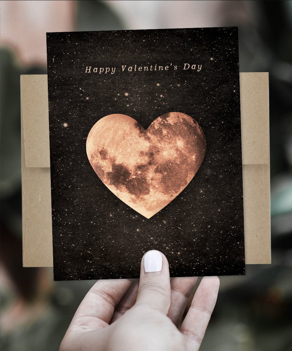 Happy Valentine's Day Heart Moon Greeting Card / Blank - Etsy