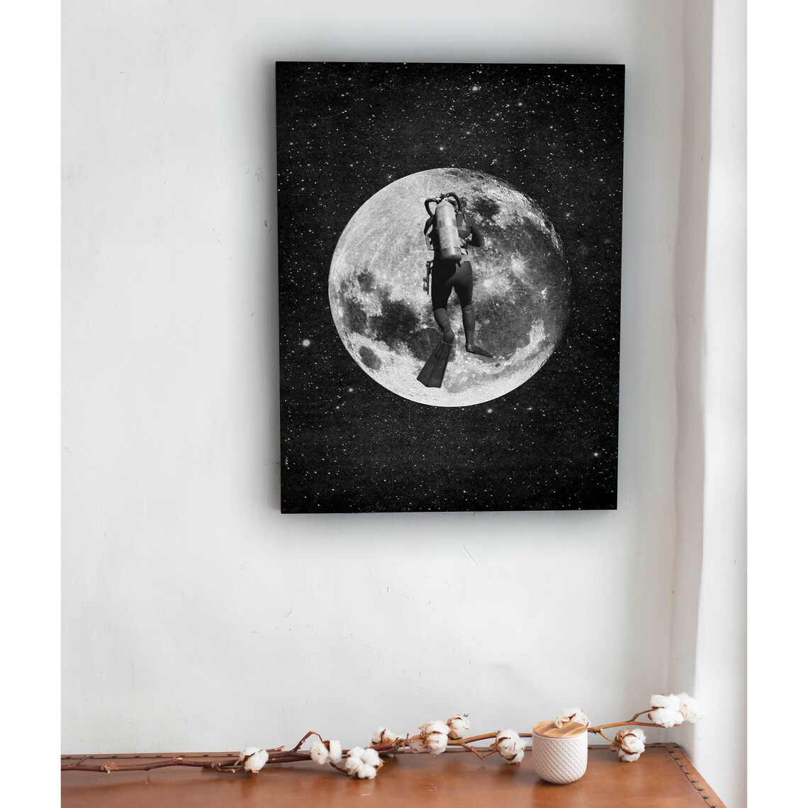Moon & Scuba Diver • Canvas Artwork • Vintage Art Collage • Ready to ...