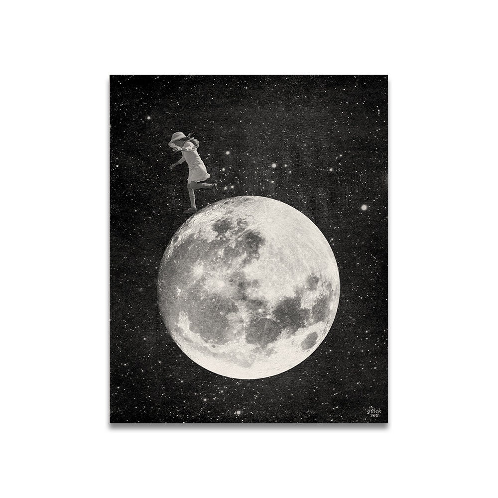 Moon Print Vintage Girl & Moon Wall Art | Etsy