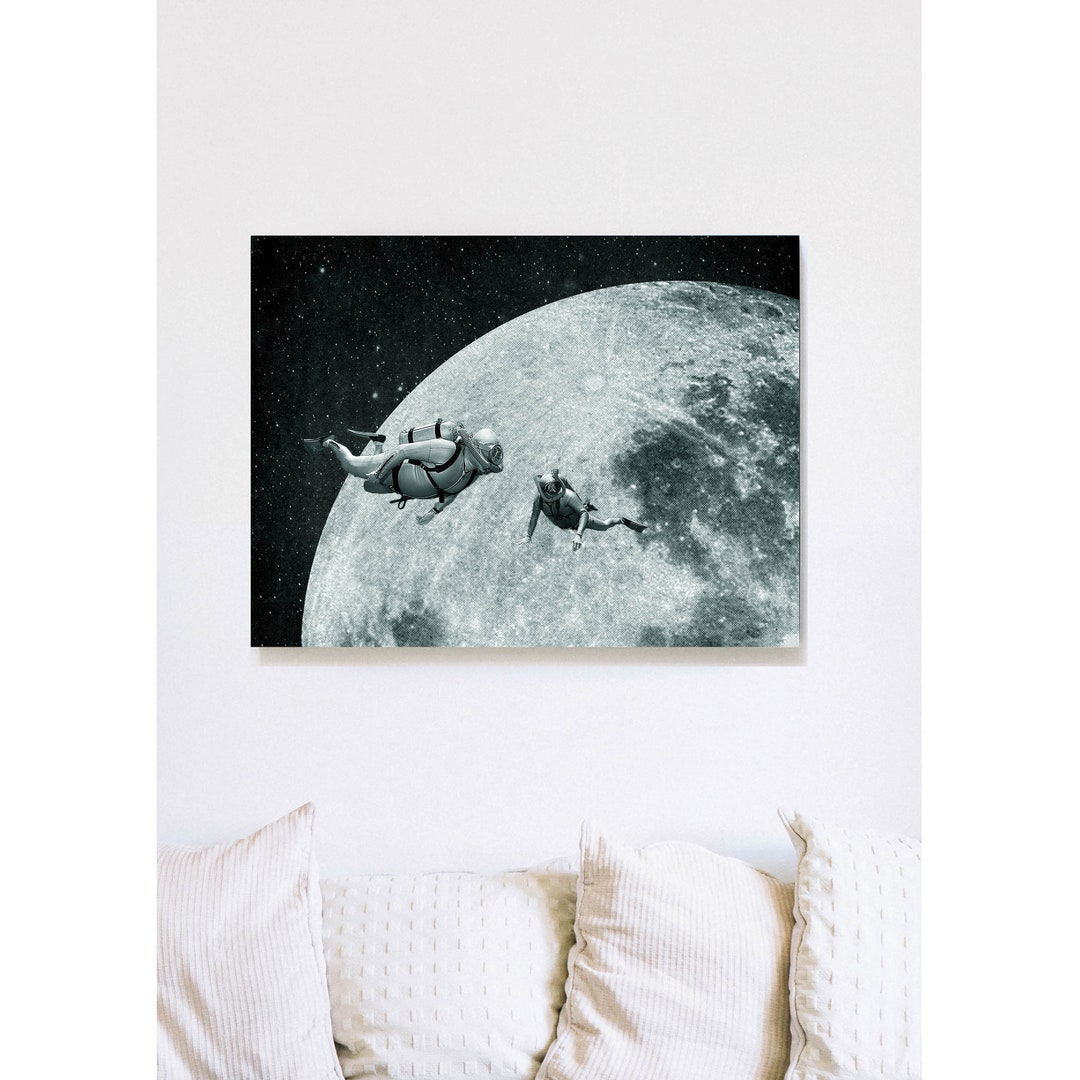 Moon & Scuba Divers • Canvas Artwork • Vintage Art Collage • Ready to ...