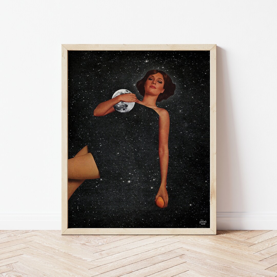 Lady With Moons Collage Art Print • Vintage Woman Print • Moon Art ...
