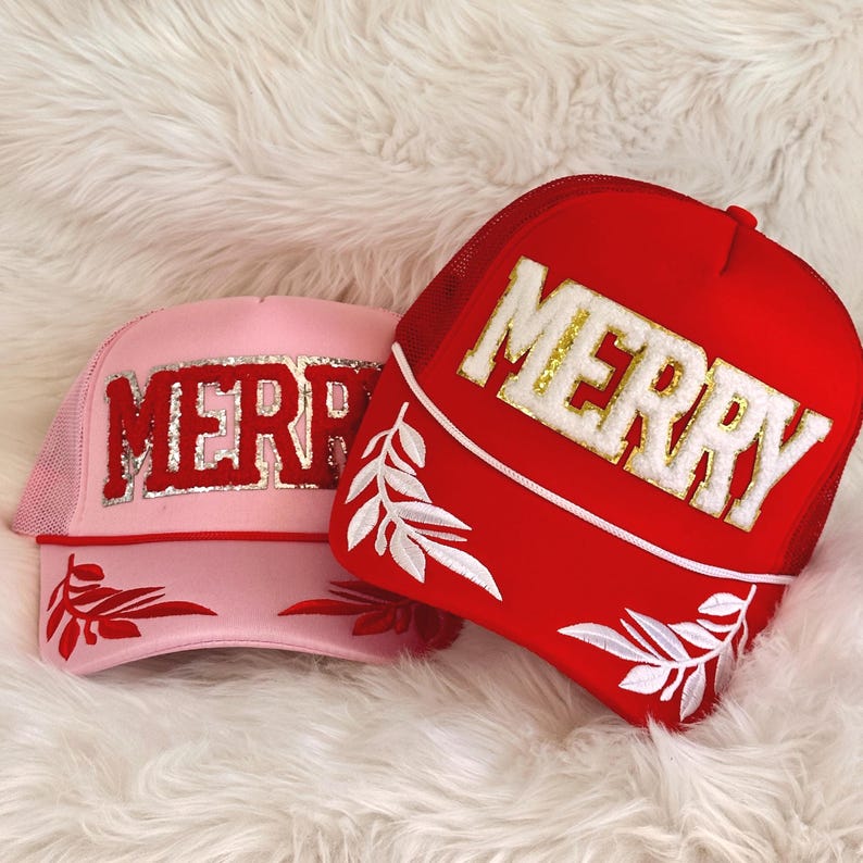MERRY Christmas Trucker Hat, Chenille Patch, Holiday Party - Etsy