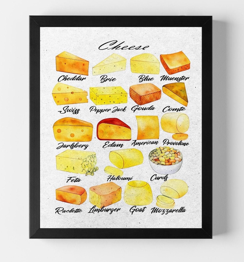 Cheese Art Print | 8 X 10 Vintage Kitchen Wall Art | Watercolor Cheese ...