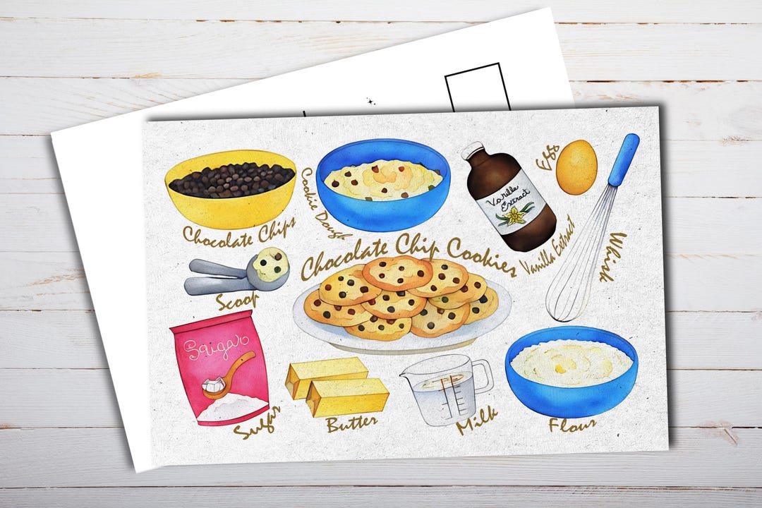 Illustrated Chocolate Chip Cookie Recipe Postcard - Thick Cardstock ...