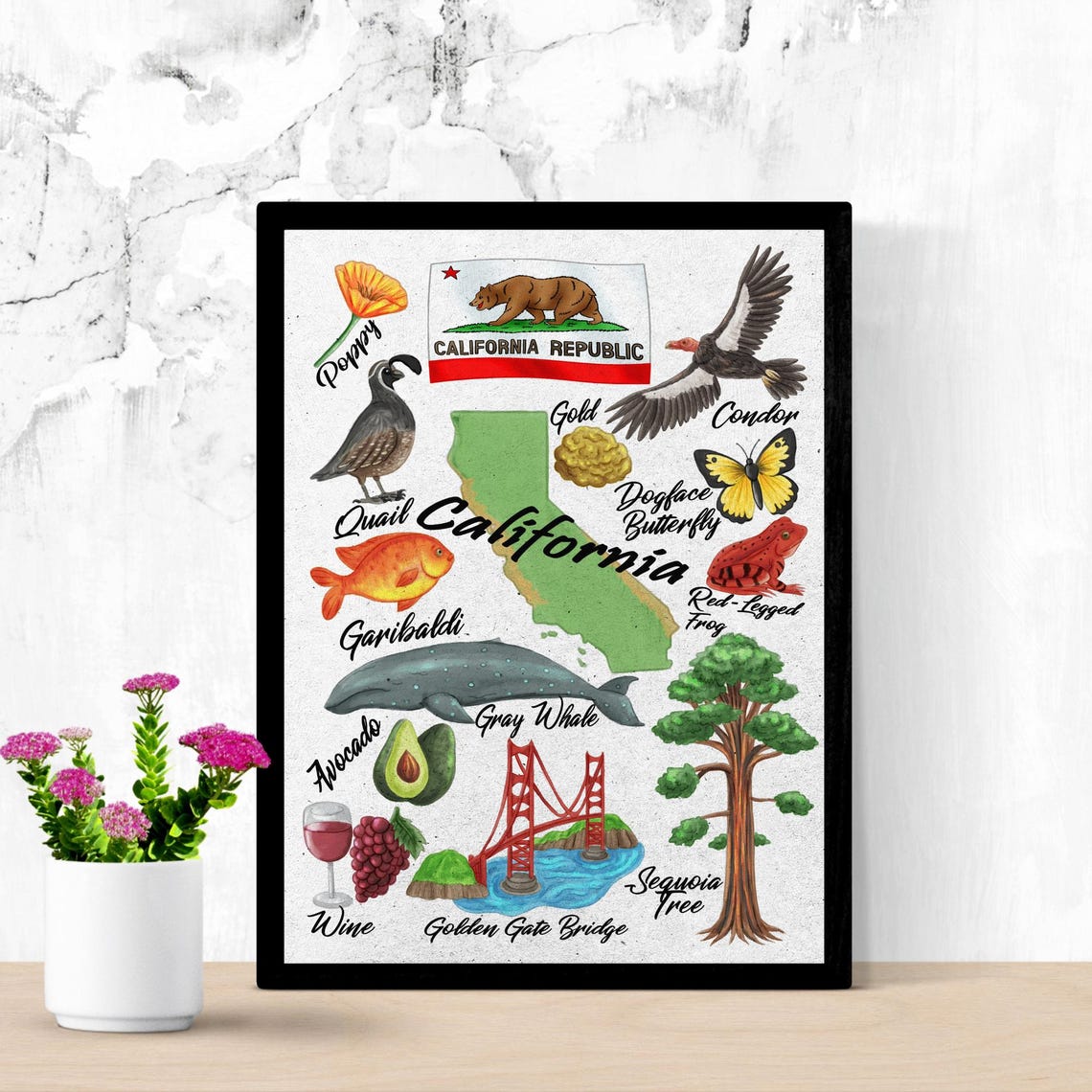 California Art Print | 8 X 10 Vintage Wall Art | Watercolor California ...