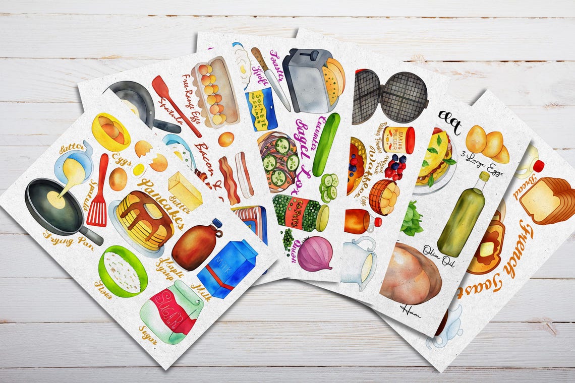 Illustrated Breakfast Recipe Postcards Bundle - 6 Postcards - Thick ...