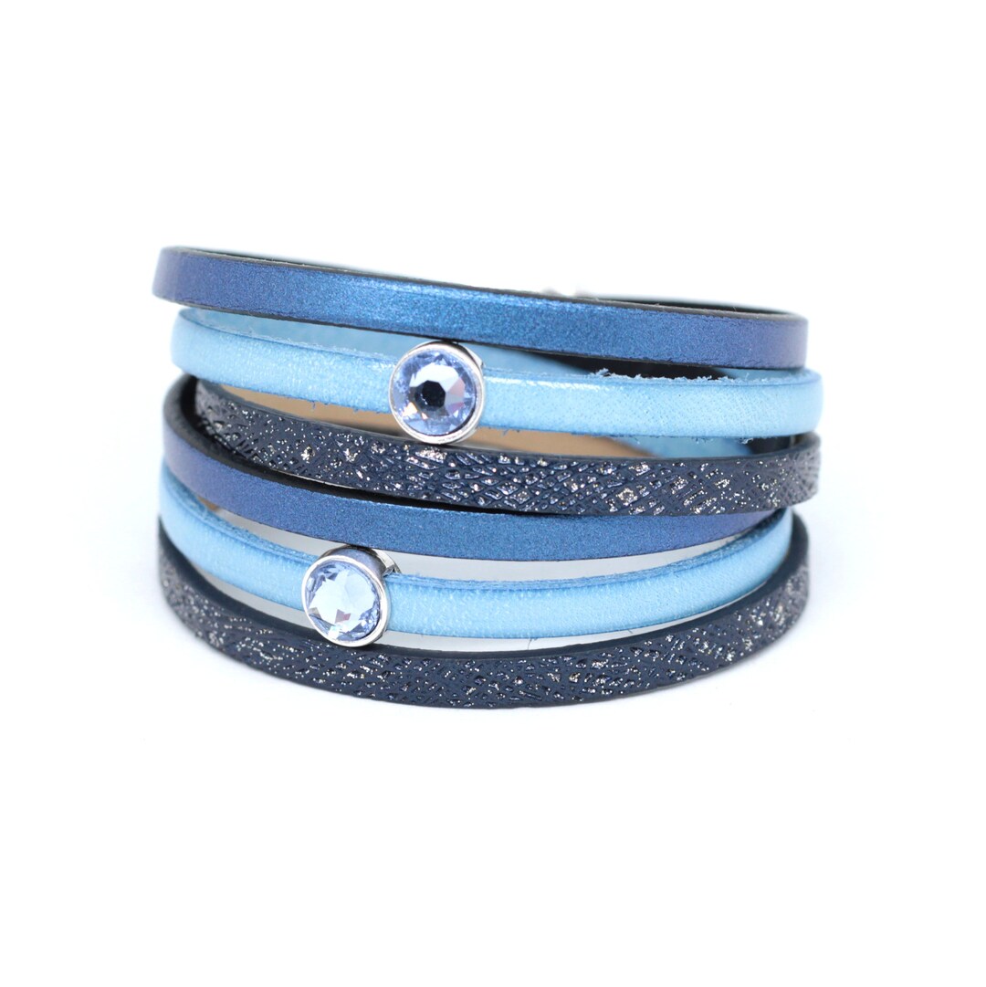 Blue Leather Bracelet, Swarovski Crystal Bracelet, Women's Bracelet ...