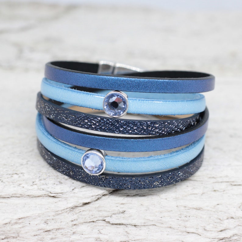 Blue Leather Bracelet Swarovski Crystal Bracelet Women's - Etsy