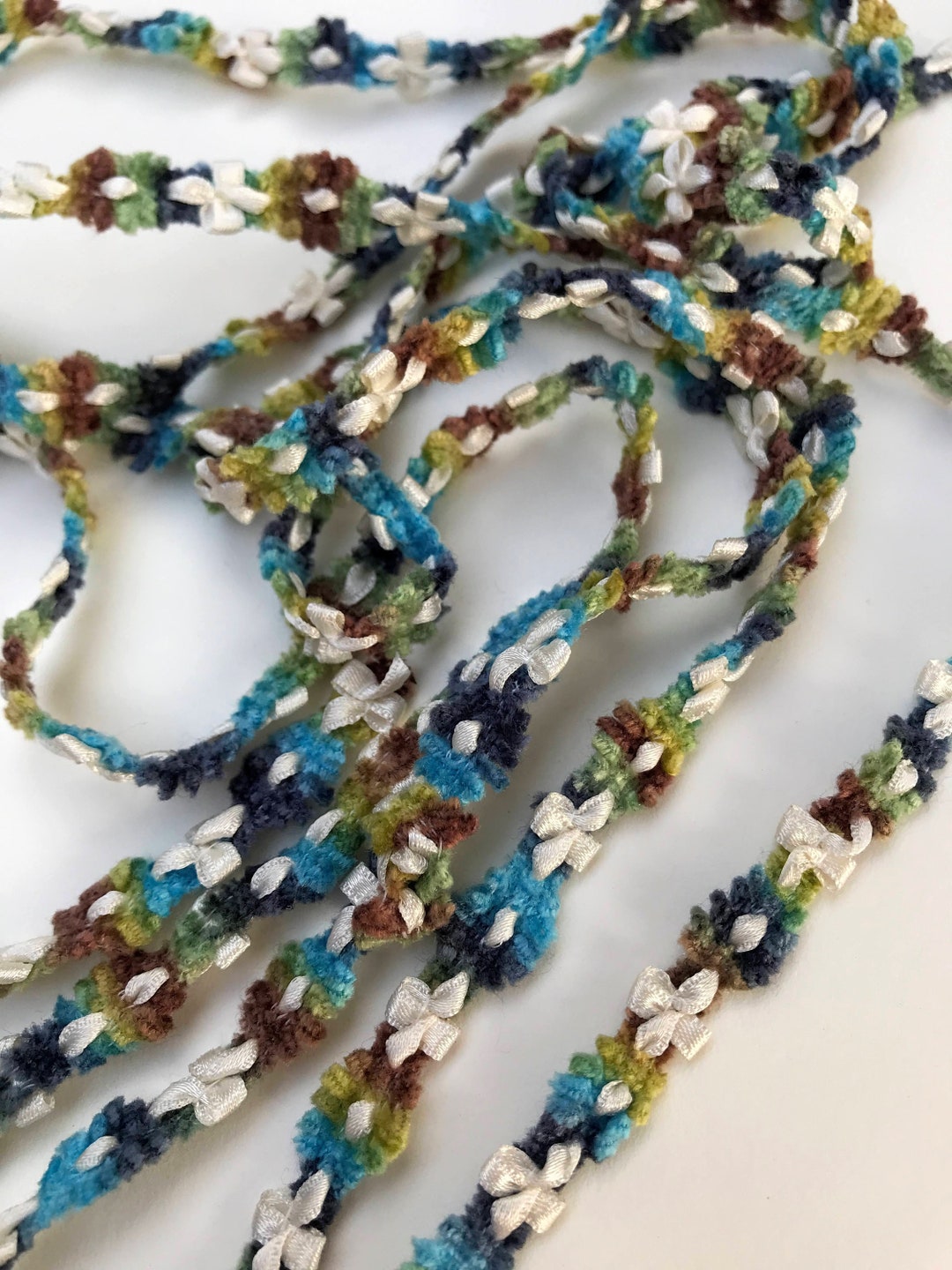 LOT OF 2 YARDS Ribbon Rosette / Fly Fringe Trim, Blue, Green, Brown ...