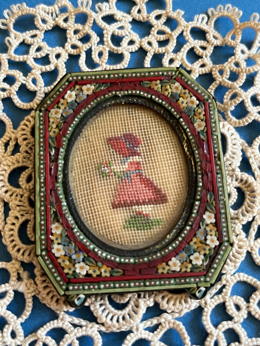 Vintage Micro Mosaic Frame With Needlepoint Picture, Antique, Italian ...