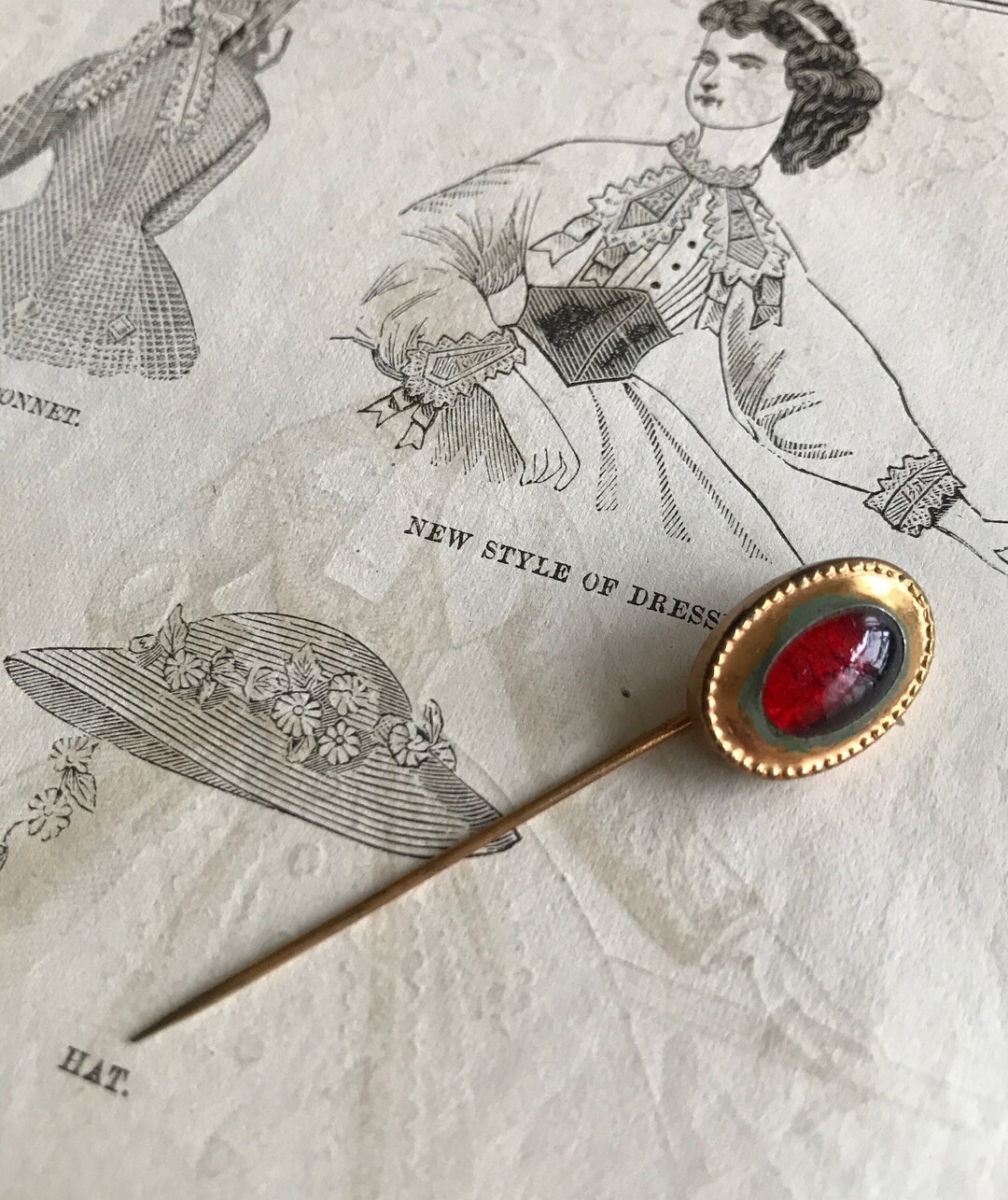 Antique / Early Vintage Gold Tone Metal Lapel Pin With Red Cabochon ...