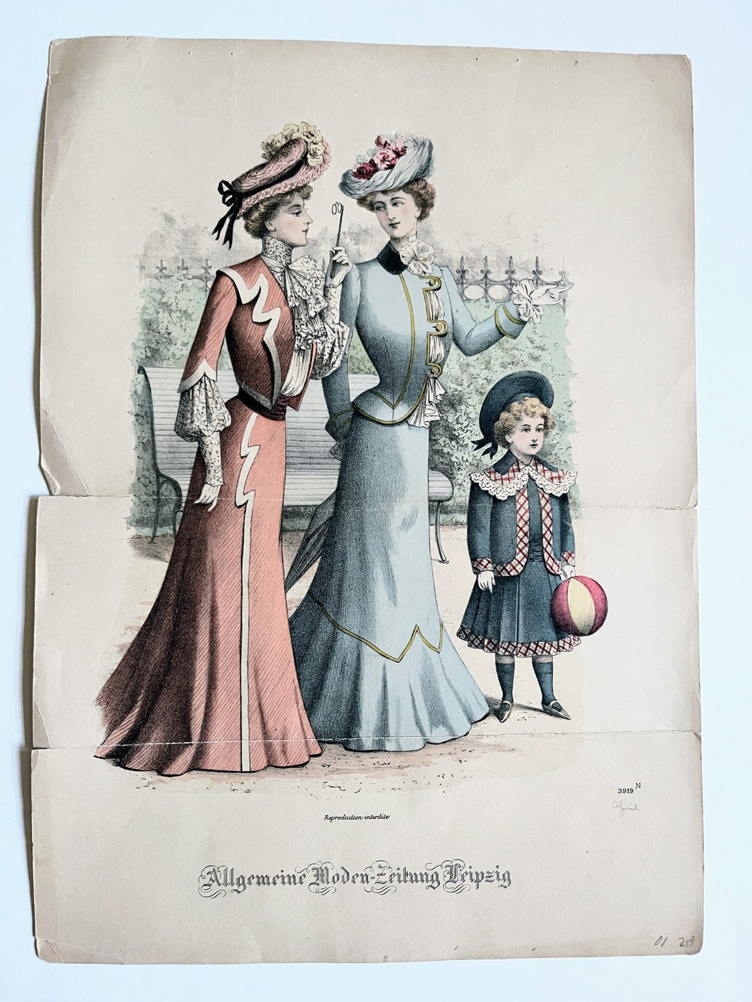 Antique Early 1900s German Hand Colored Fashion Plate Engraving, Women ...