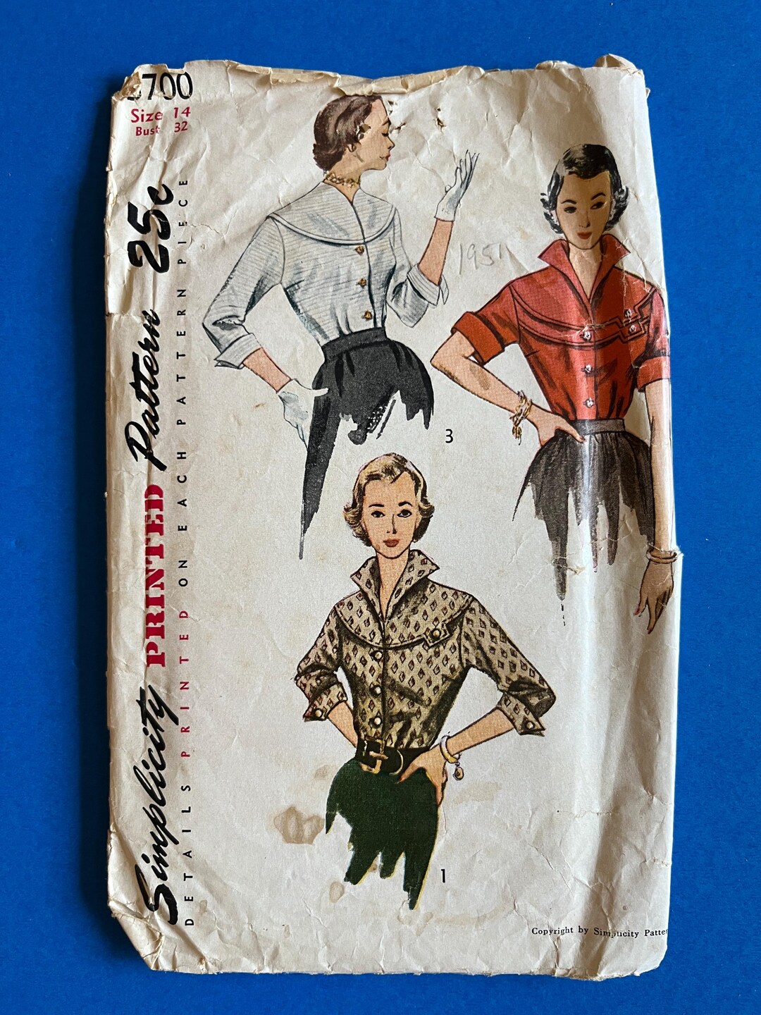 1950s Vintage Sewing Pattern, Misses' Blouse, Simplicity 3700, Size 14 ...