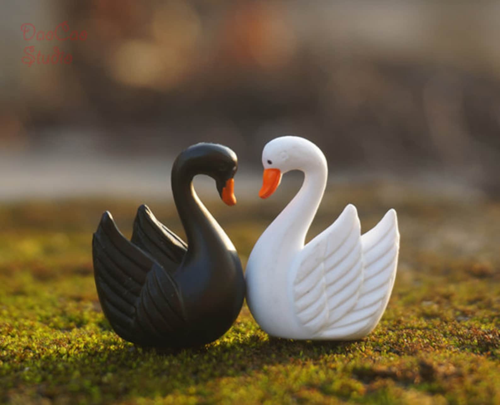 2pcs Resin Miniature , White Black Swan , Mini Fairy Garden Supplies ...