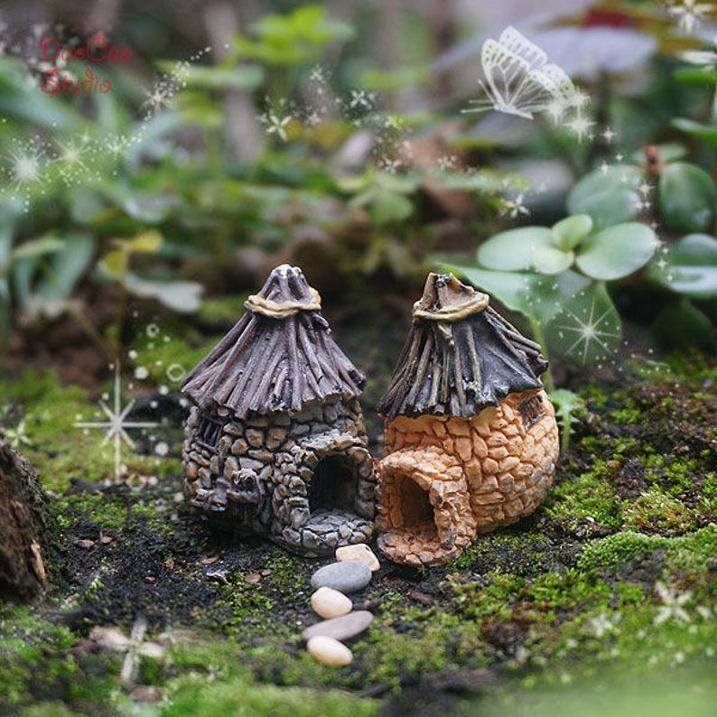 Stone House Miniature , Tiny Branch Roof Cottage Yellow / Gray Stone ...