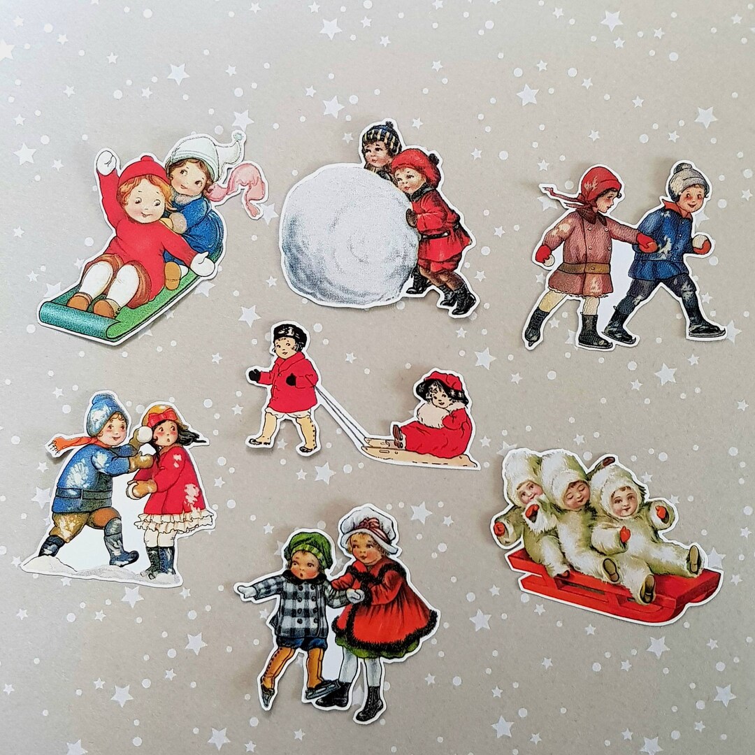 7x Children in Winter Stickers. Vintage Style. Retro. Snail Mail ...