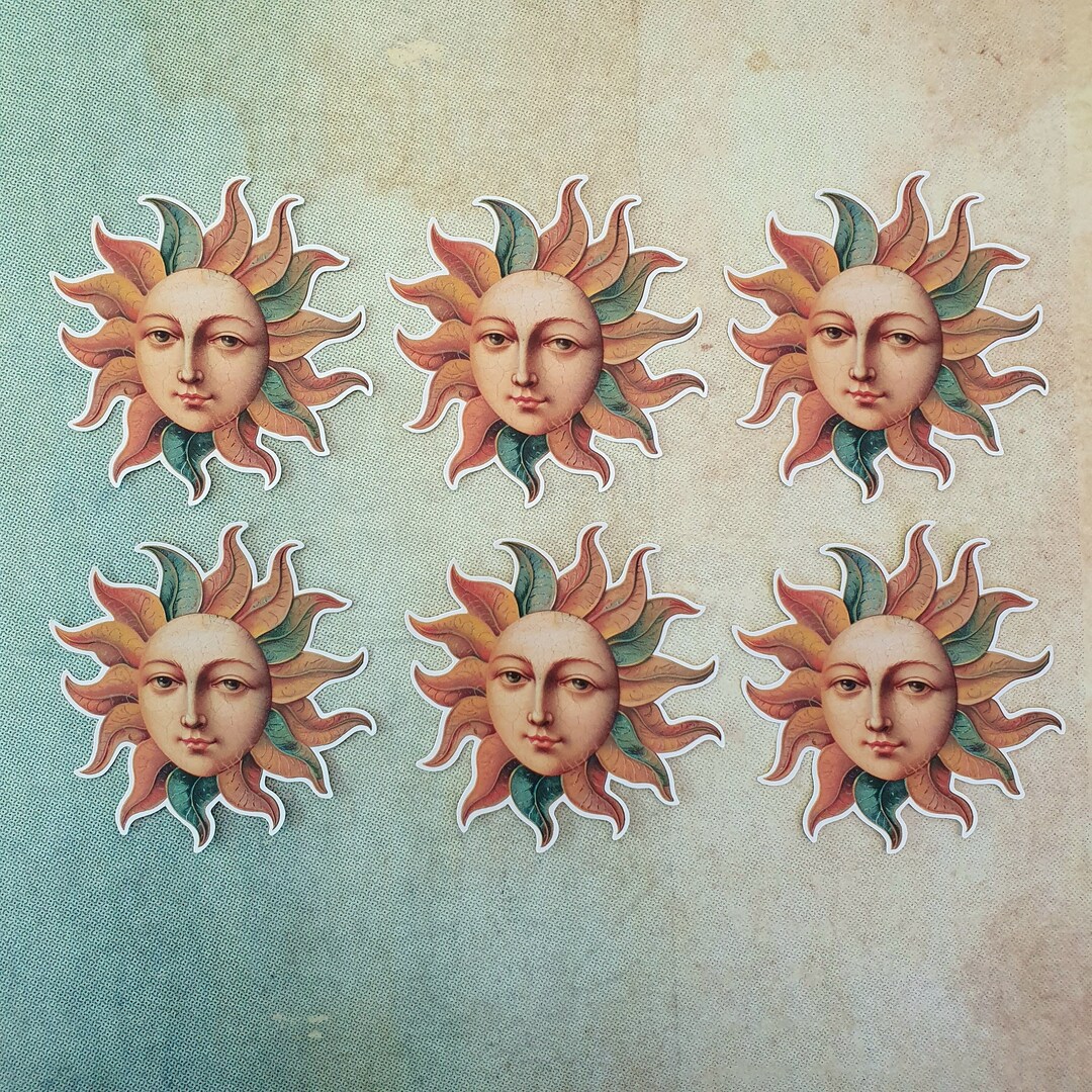 6 X Whimsical Sun Stickers. Cute Stickers. Vintage Style. Retro. Snail ...