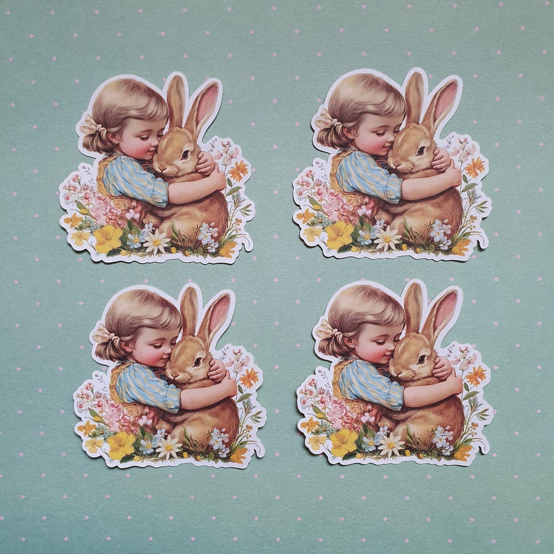 Girl Hugging Bunny Stickers | Set of 4 | Cute | Vintage Style | Snail ...