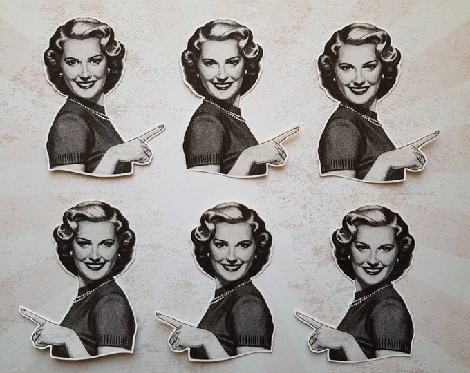 6 X Woman Pointing Stickers. Cute Stickers. Retro. Snail Mail Scrapbook ...