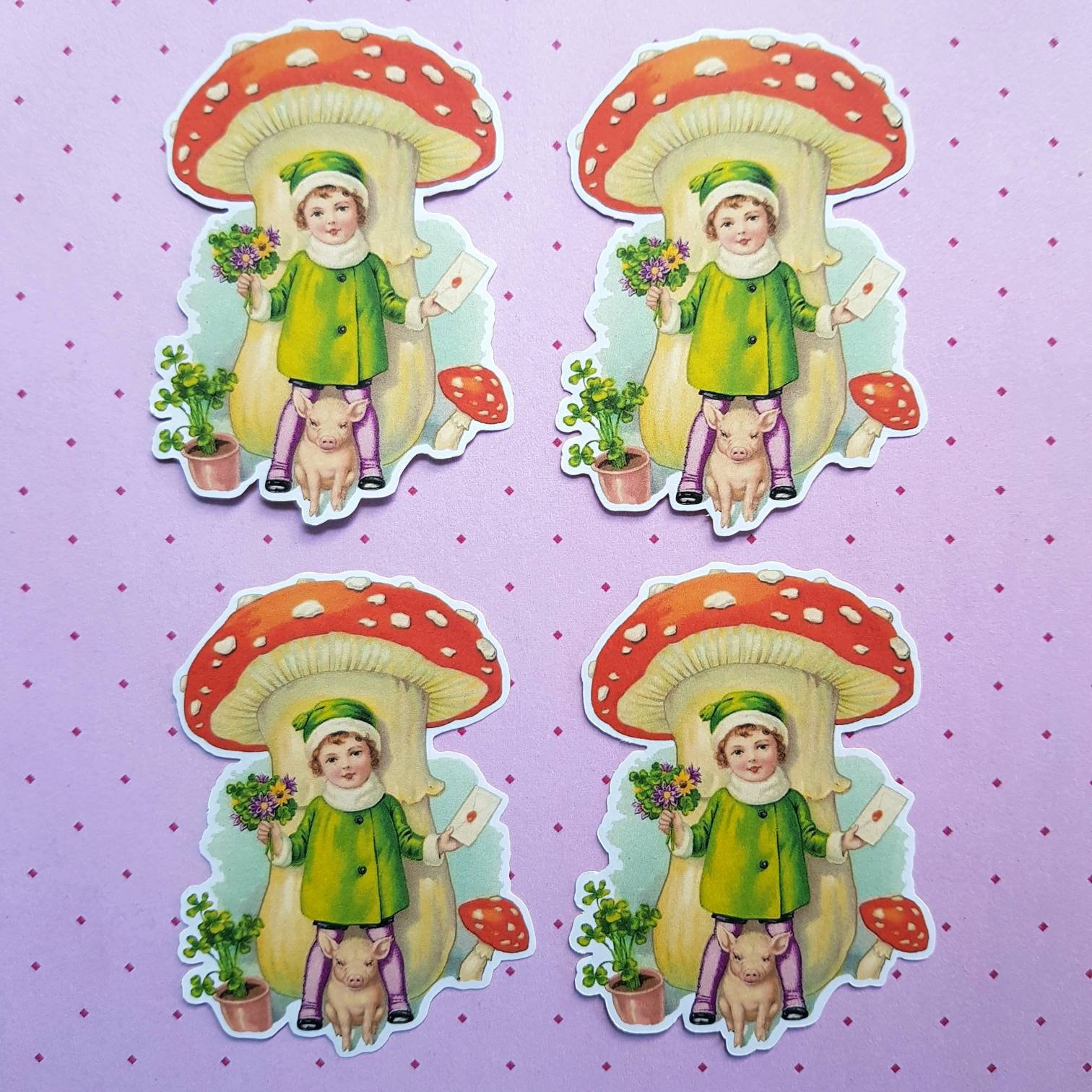 4 x Elf toadstool and piggy stickers. Vintage style. Retro. | Etsy