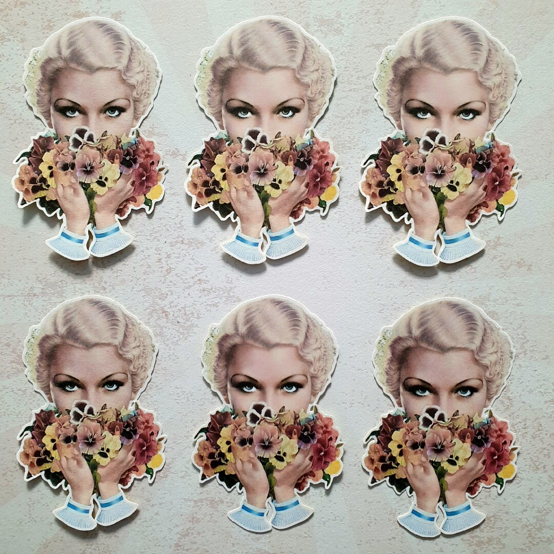 6 X Woman With a Posy of Pansies Stickers. Cute Stickers. Retro. Snail ...