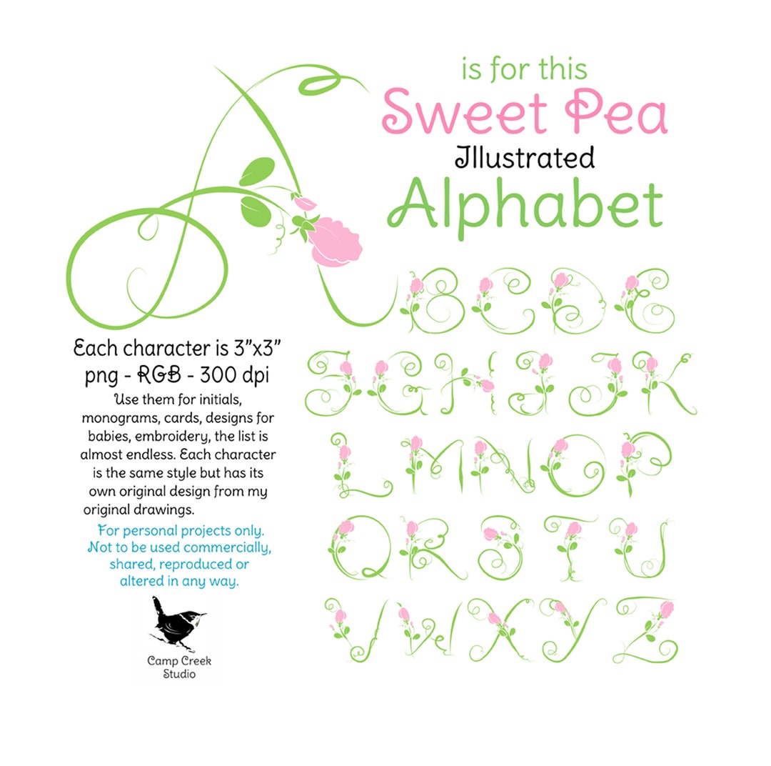 Illustrated Sweet Pea Alphabet Instant Download Original Art - Etsy