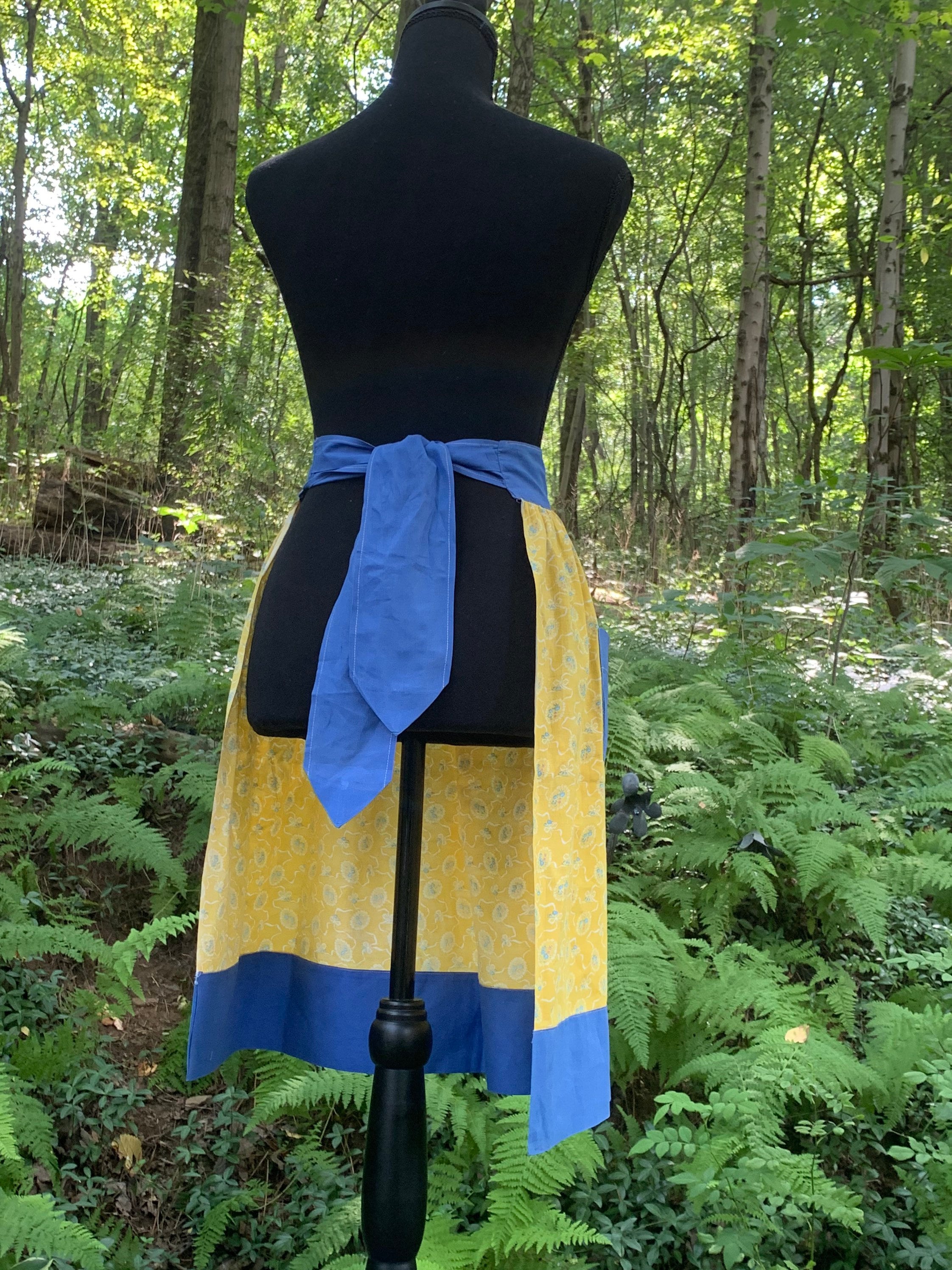 Vintage Blue and Yellow Floral Half Apron With Pocket | Etsy