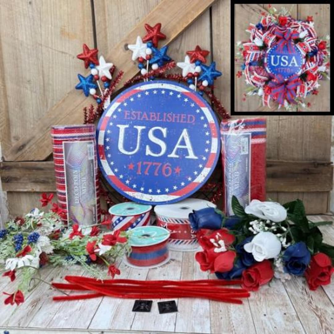 USA Patriotic Wreath Kit, Large Red White Blue Wreath Kit, Do It ...