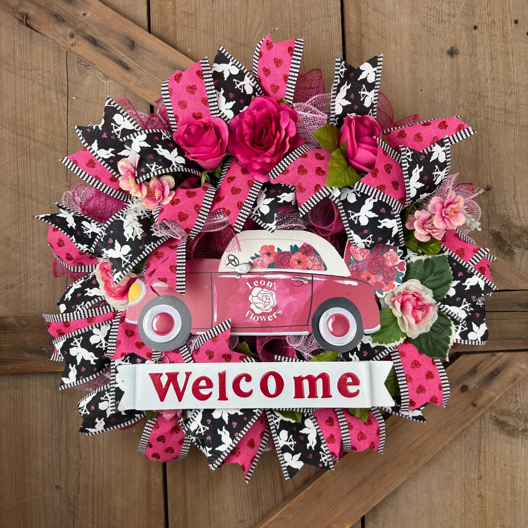 Valentine’s Day Wreath, Welcome Valentine Wreath With Car Sign, Pink ...