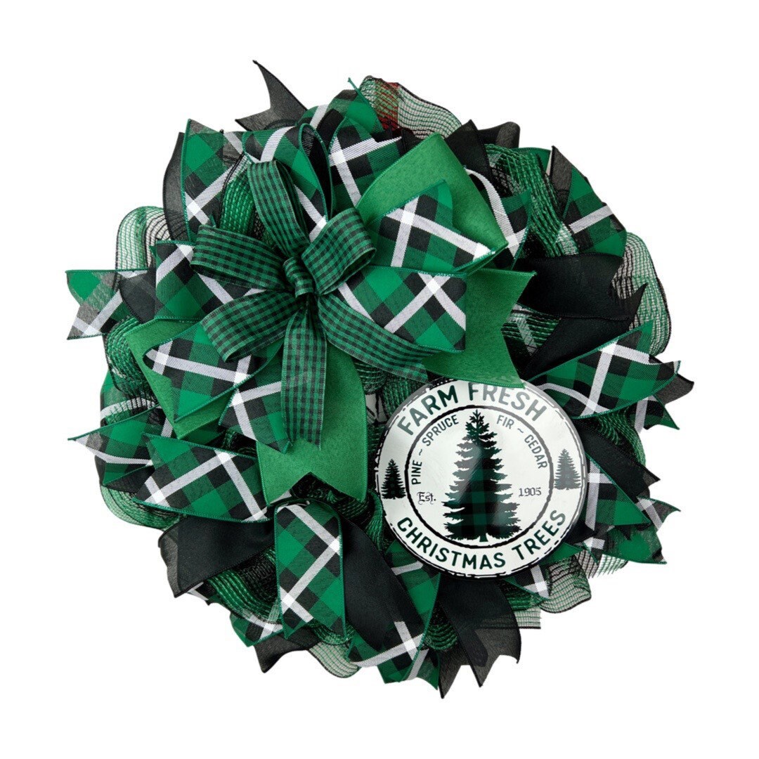 Thin Farmhouse Christmas Wreath, Rustic Green and Black Front Door ...