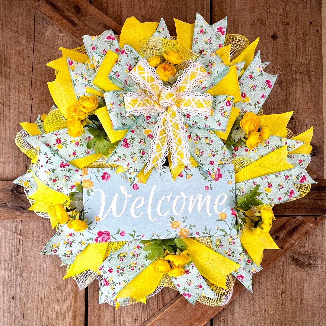 Thin Welcome Wreath, Everyday Front Door Decor, Yellow and Blue Floral ...