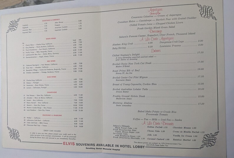 RARE Vtg Elvis Presley Souvenir Menu 1970s Vintage Del Webb’s Sahara ...