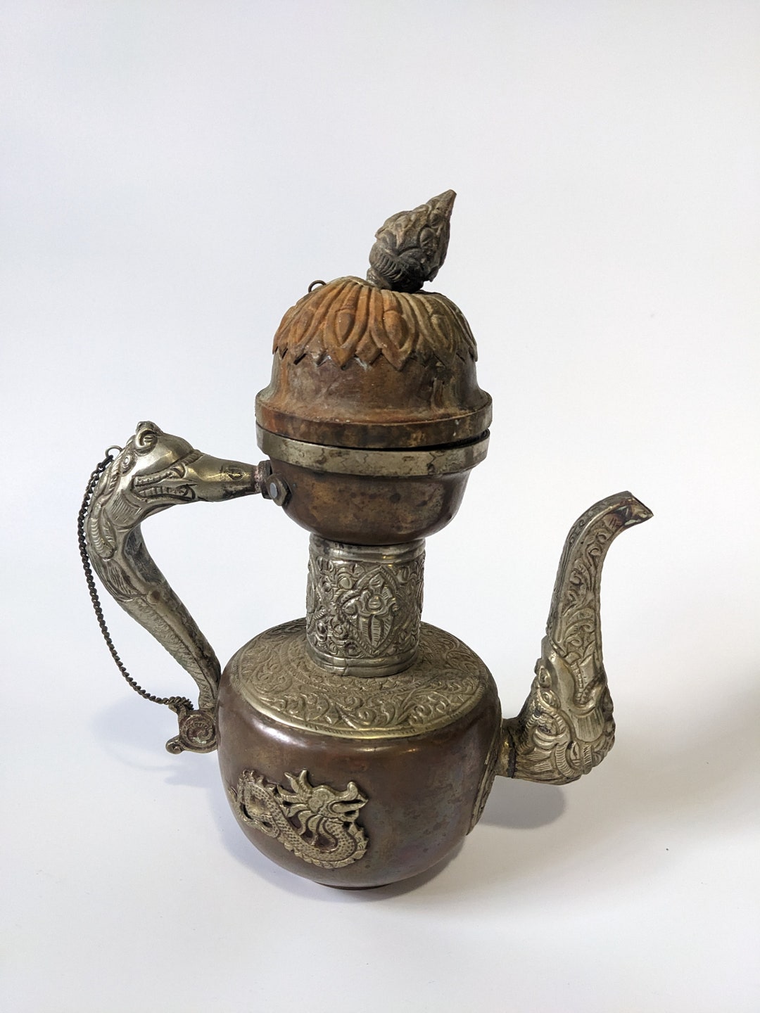 Antique Tibetan Copper & Brass Accent Ornate Ewer Long Spout Teapot W ...