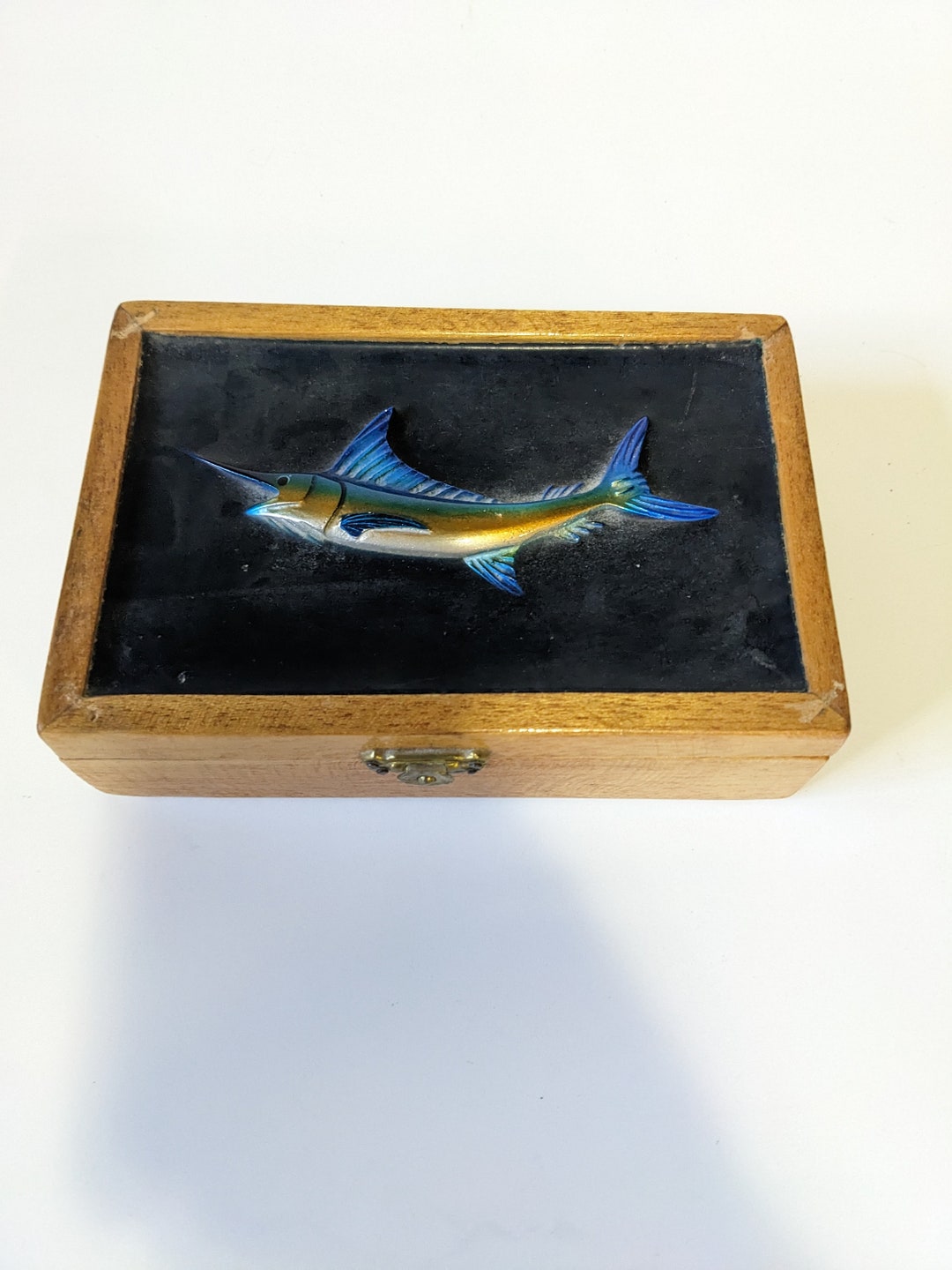 Vtg Blue Marlin Wood Box Marlin Fish Wooden Trinket Box Cigar Memory ...
